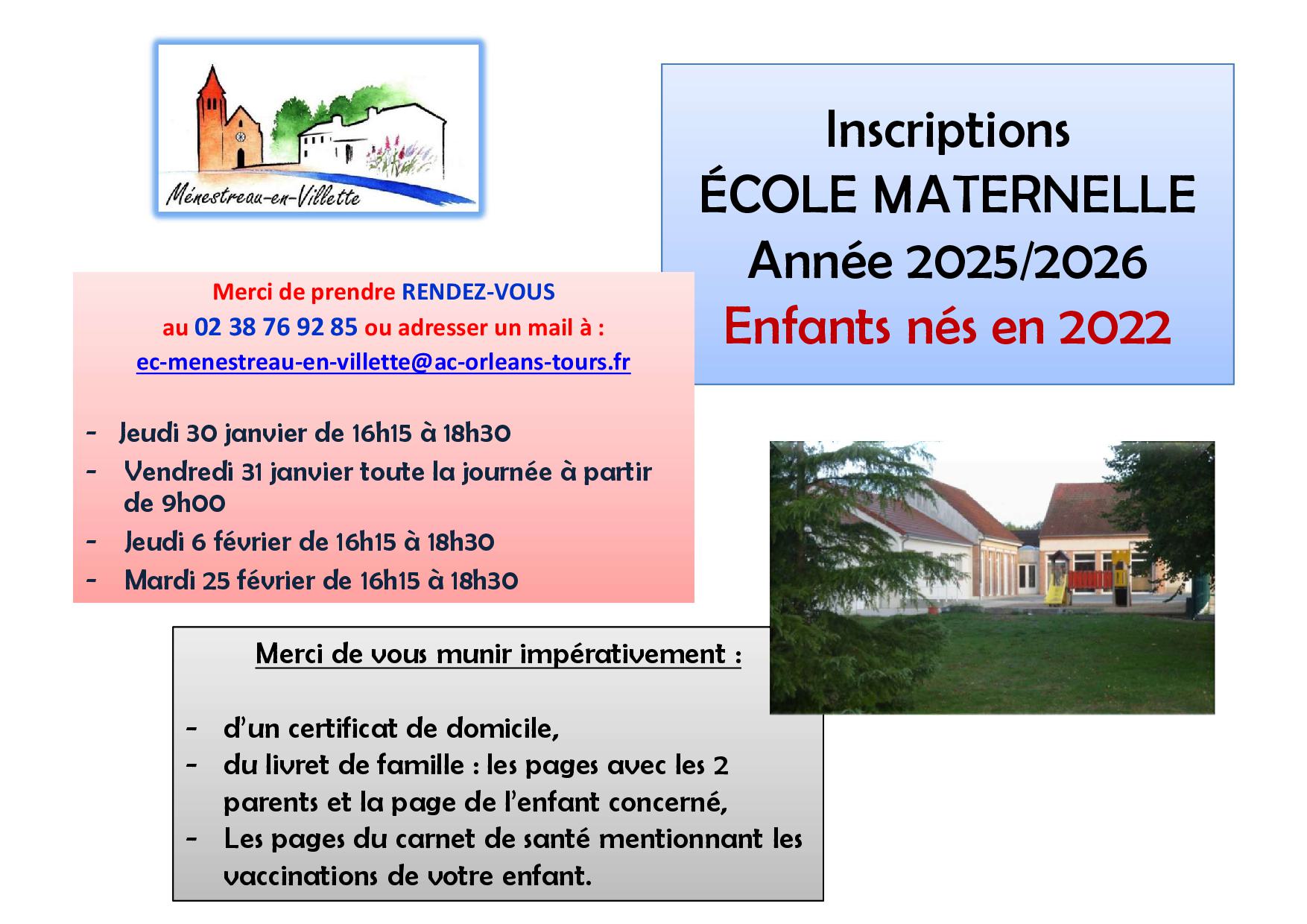 Inscriptions école maternelle - enfants né en 2022 - Menestreau-en-Villette